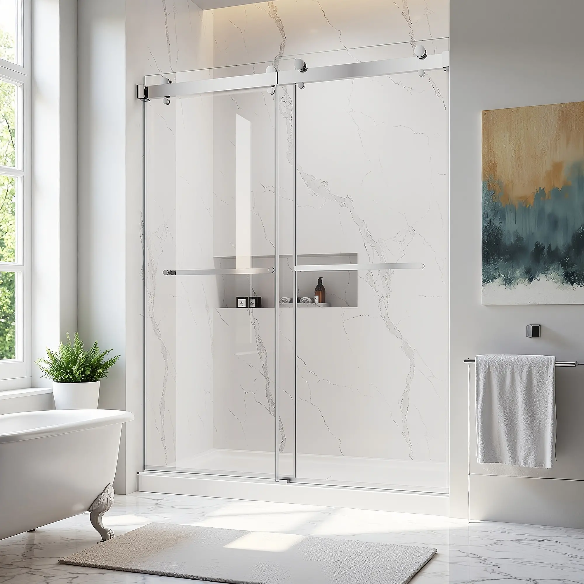 Bathroom Straight Double Sliding 10mm Tempered Frameless Glass Bypass ...